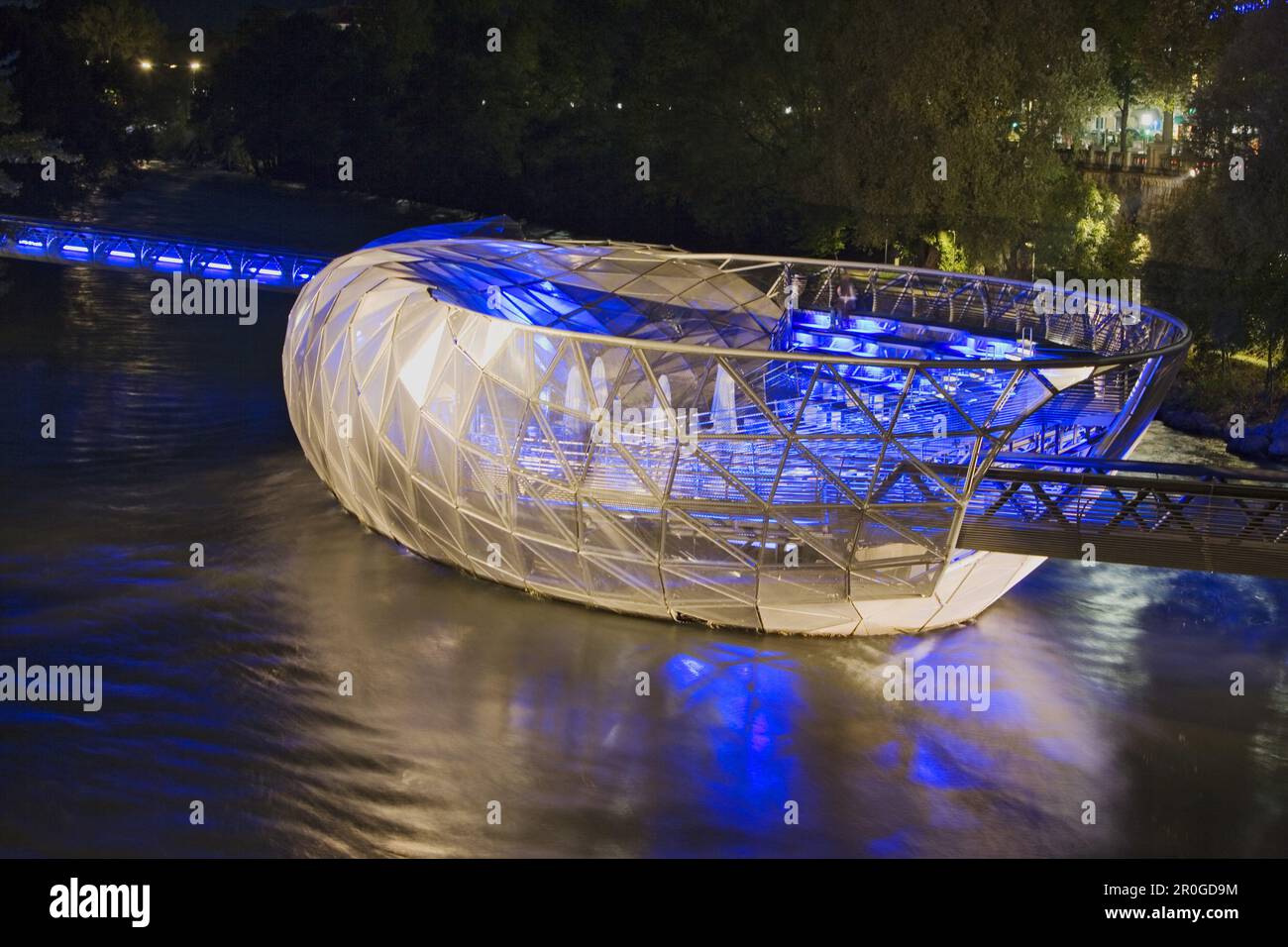 Illuminated Mur island, Graz, Styria, Austria Stock Photo - Alamy