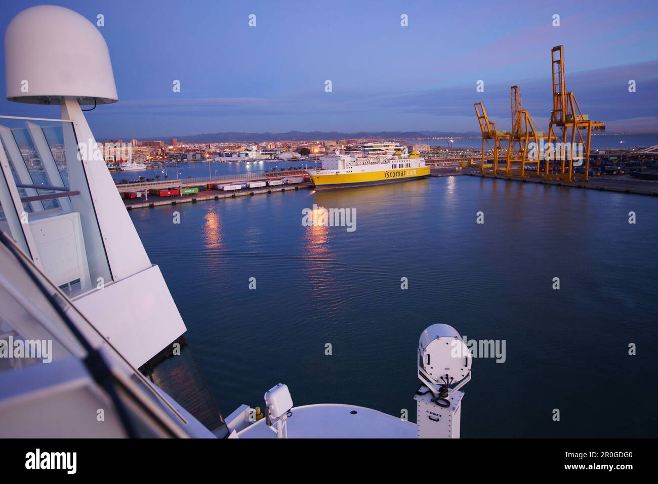 AIDA Bella Cruiser arriving at the port in the evening, Valencia, Spain ...
