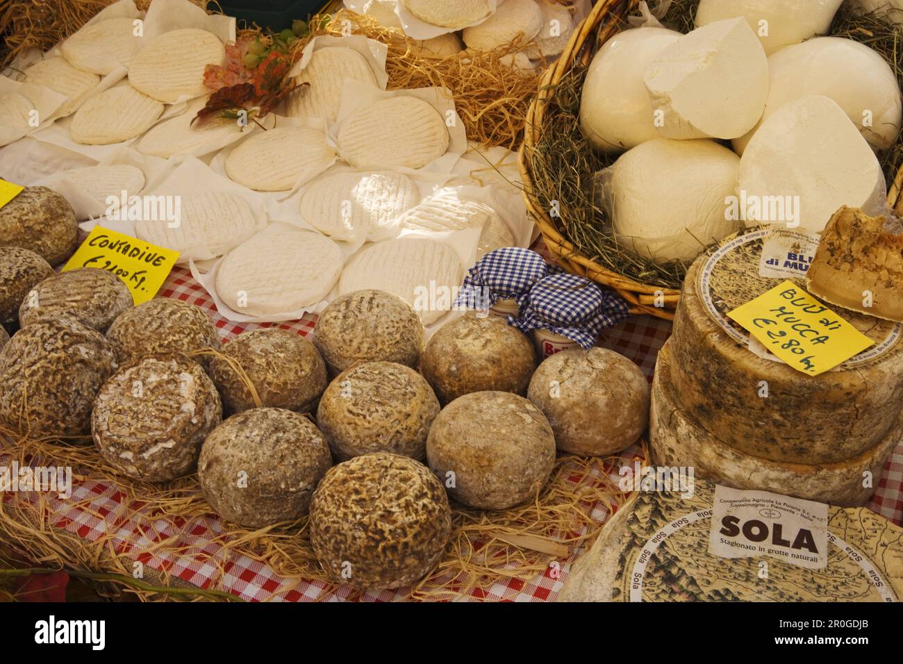Cheese stall at the market in Alba, Piedmont, Italy Stock Photo - Alamy