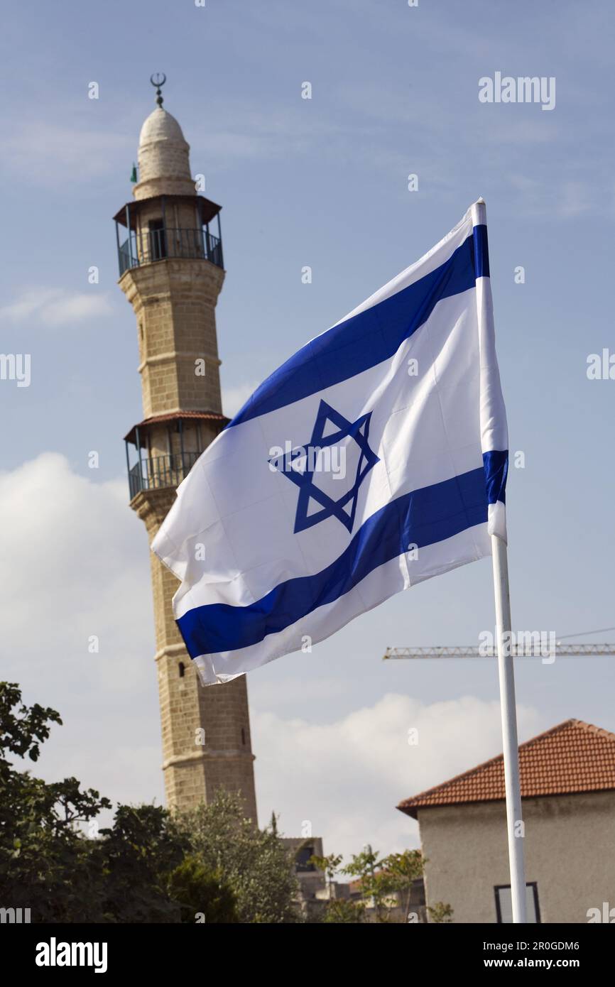 Israeli flag and minaret, Jaffa, Tel Aviv, Israel, Middle East Stock ...