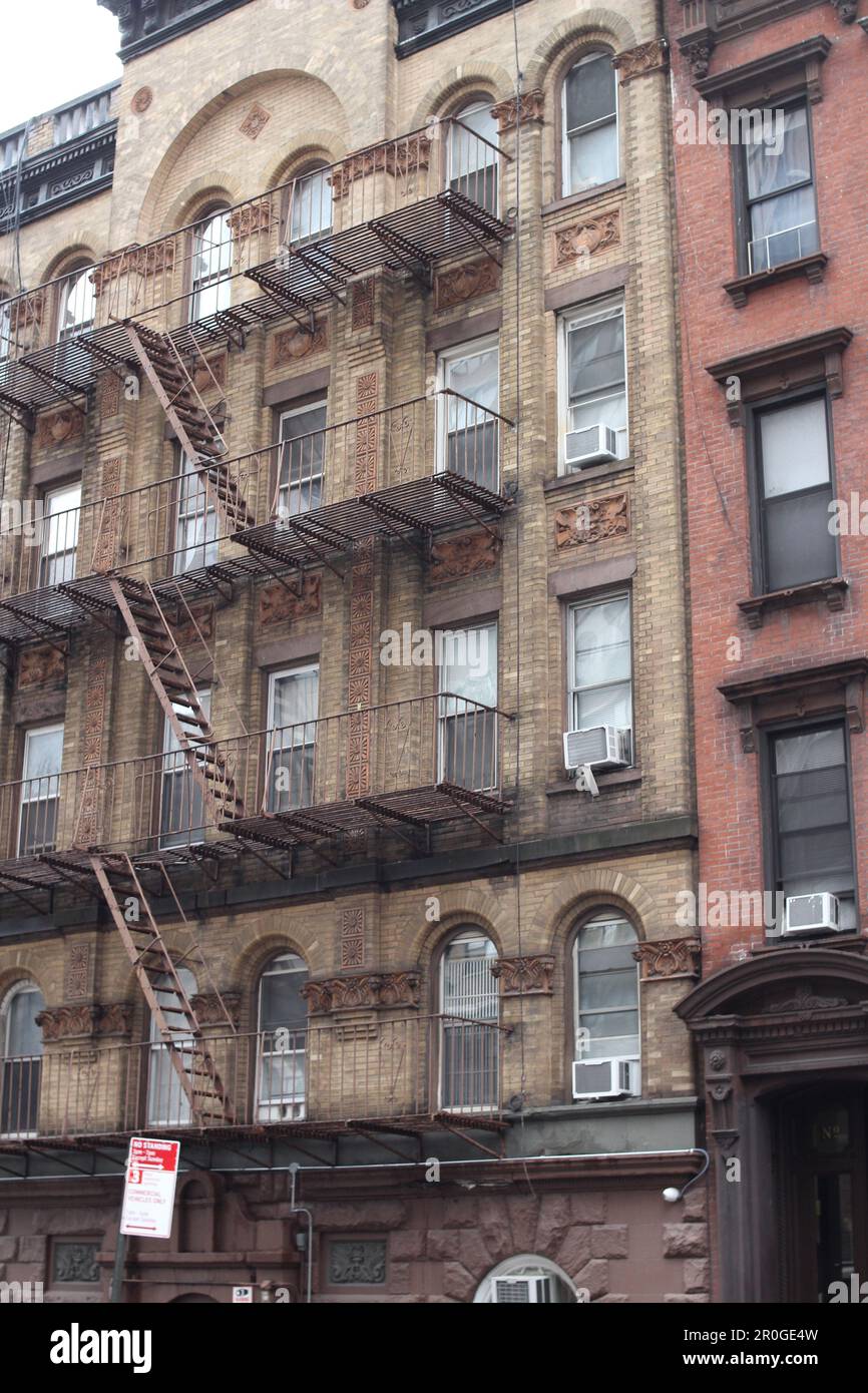 NEW YORK, USA - NOVEMBER 15, 2016 downtown fire escape ladders on the ...