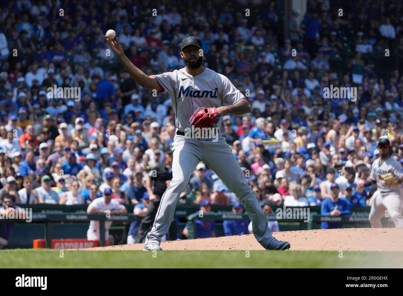 Miami Marlins starting pitcher Sandy Alcantara throws out Chicago Cubs ...