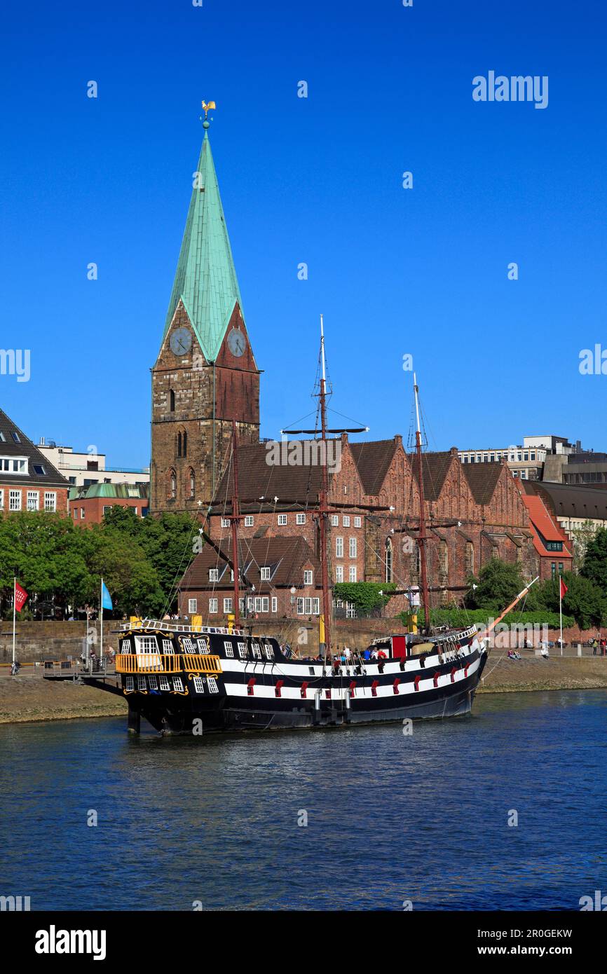Historic ship at Martini pier at the Weser river, used as restaurant ...