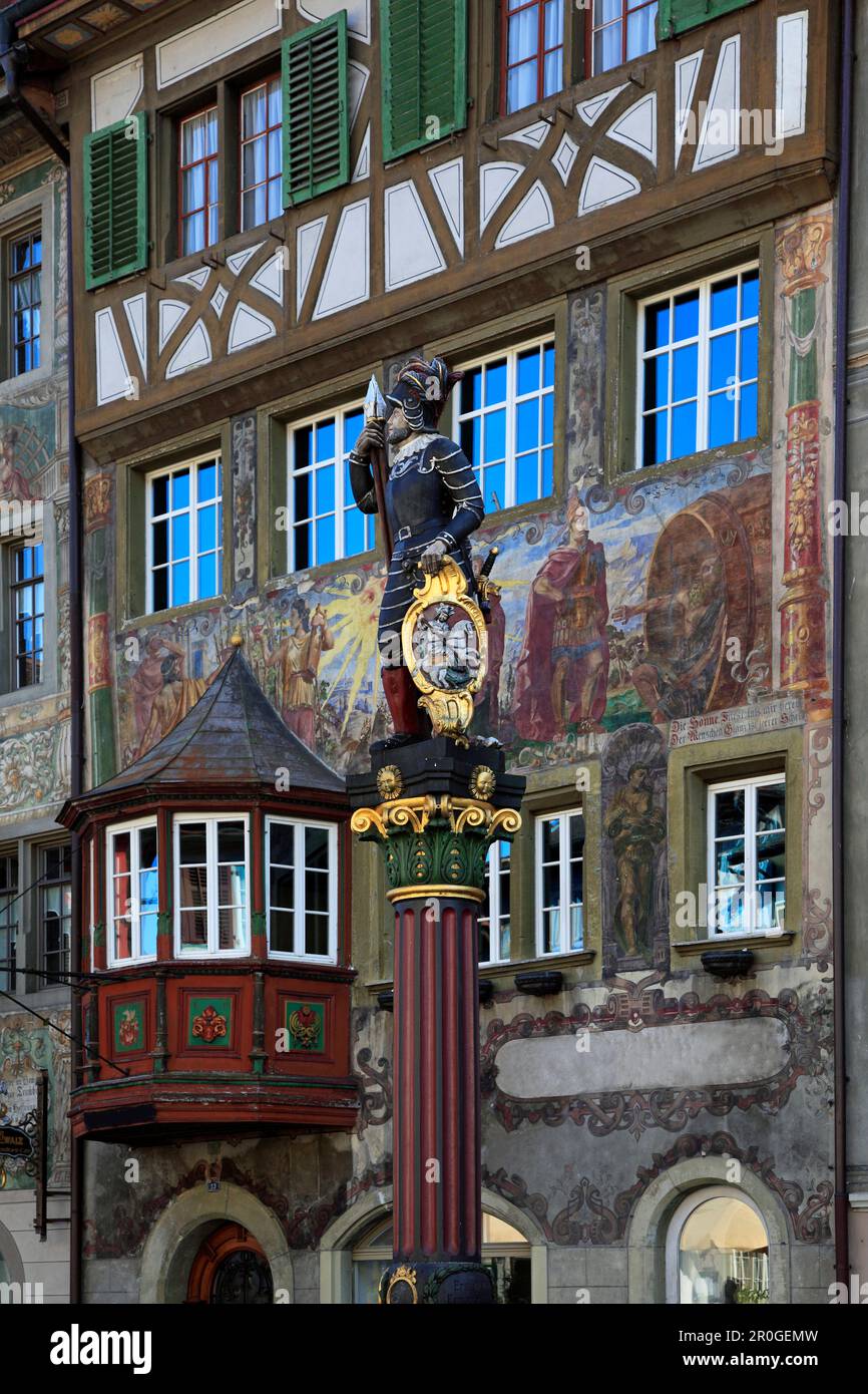 Facades and figure on a fountain at the city hall square, Stein am ...