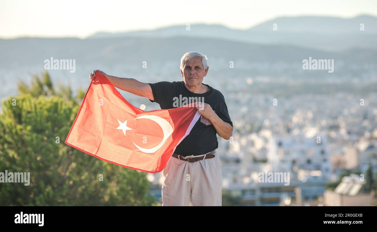 Patriotic senior man celebrates Turkish independence day with a ...