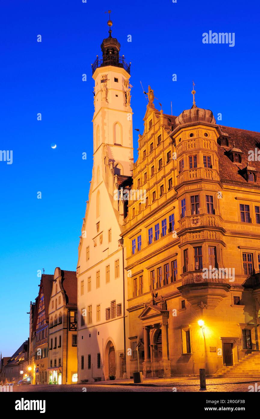Illuminated city hall of Rothenburg at night, Rothenburg ob der Tauber ...