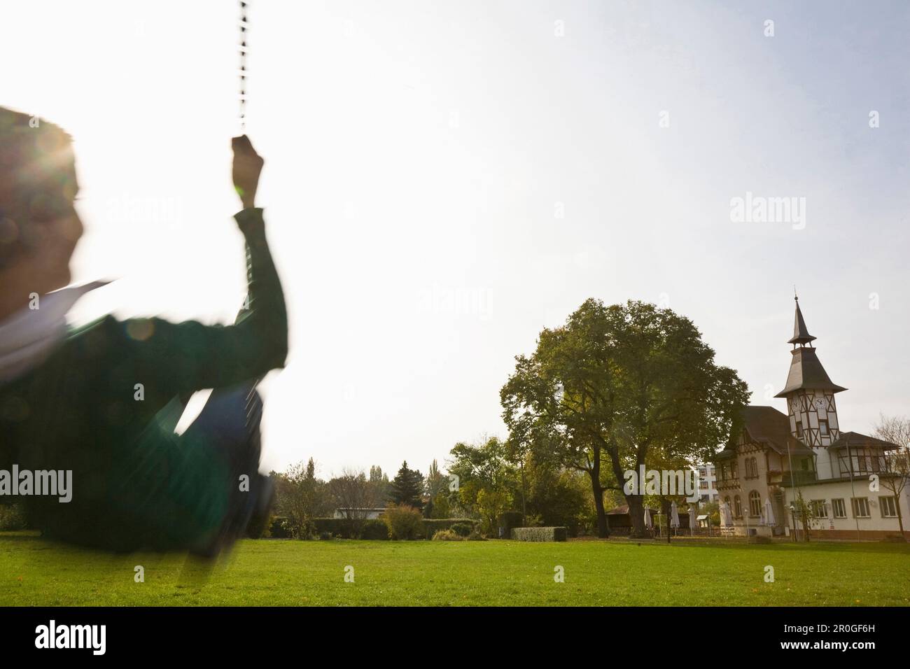 Woman swinging, German Allotment Gardener`s Museum, Leipzig, Saxony ...