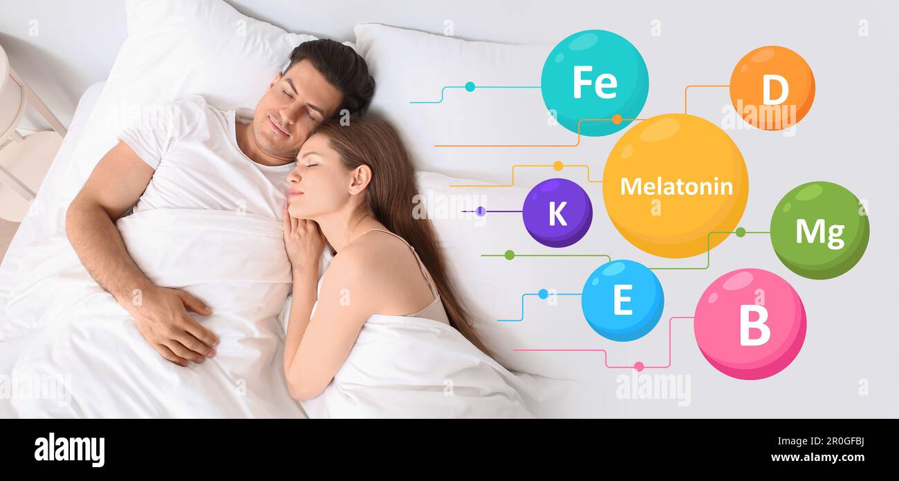Banner with lying couple in bed and set of micronutrients for healthy ...