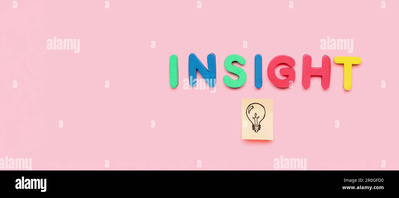 Word INSIGHT and sticky paper with drawn light bulb on pink background ...