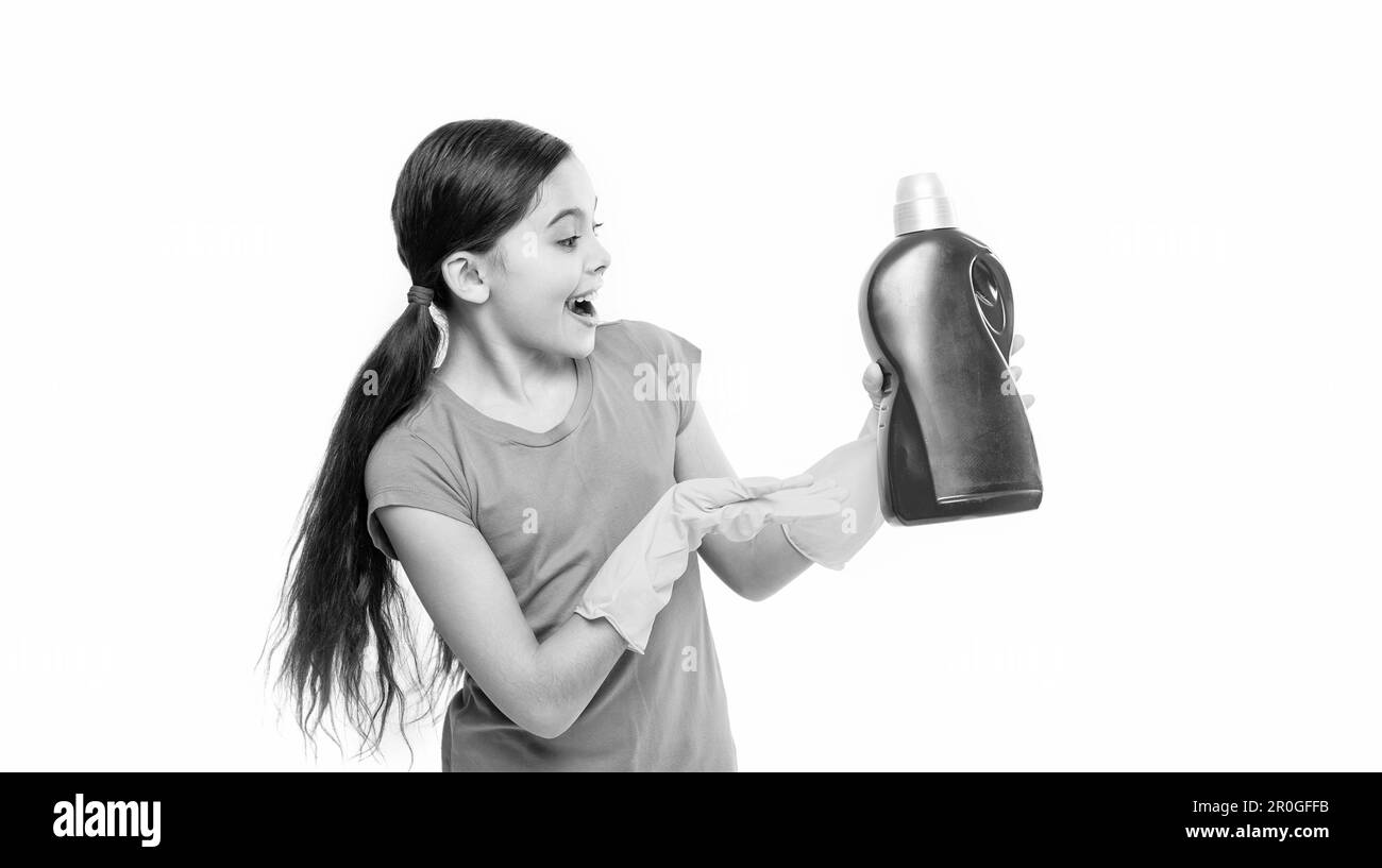amazed girl cleaner with detergent isolated on white. girl cleaner with ...