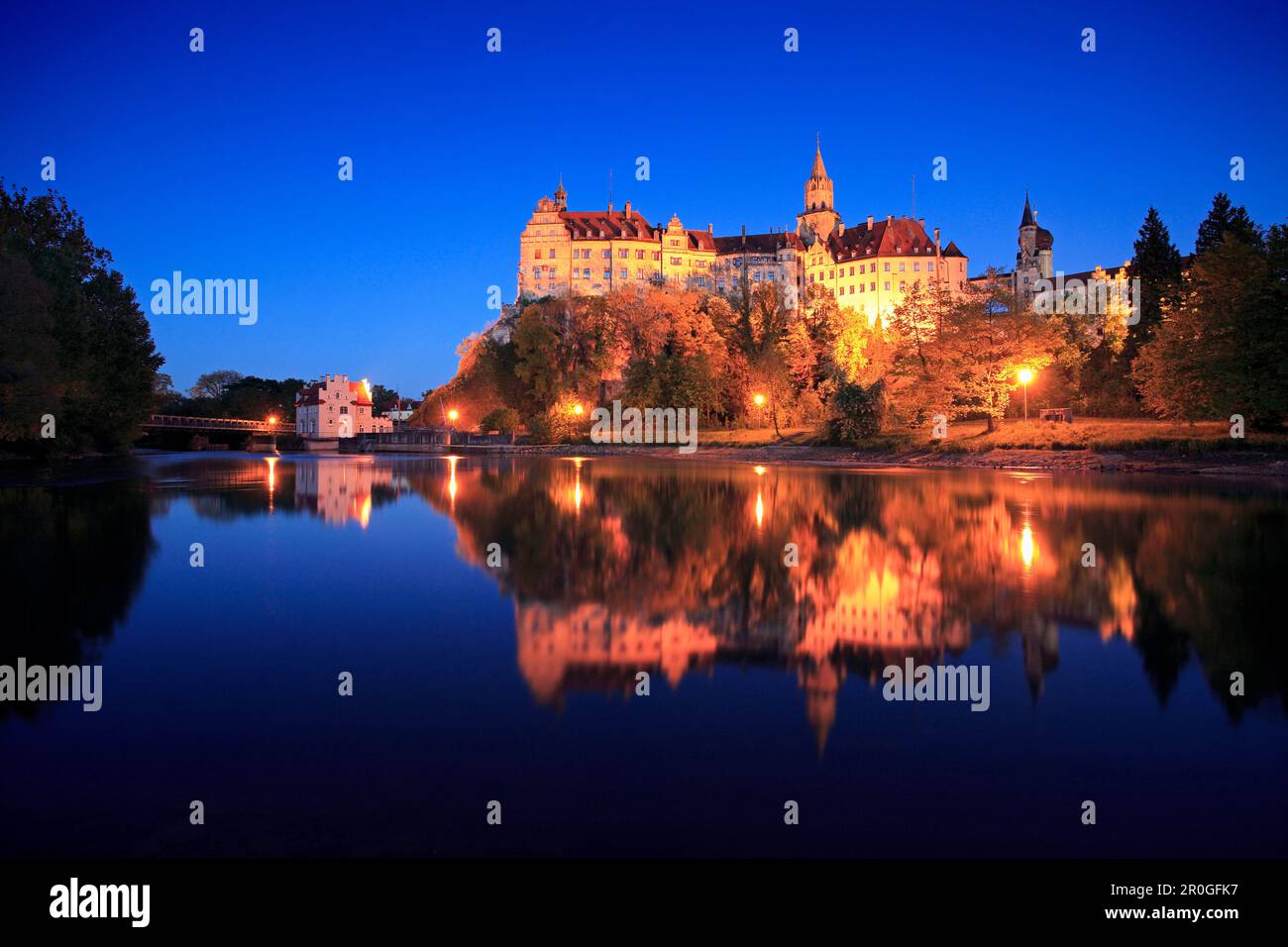 Sigmaringen castle at night, Upper Danube nature park, Danube river ...
