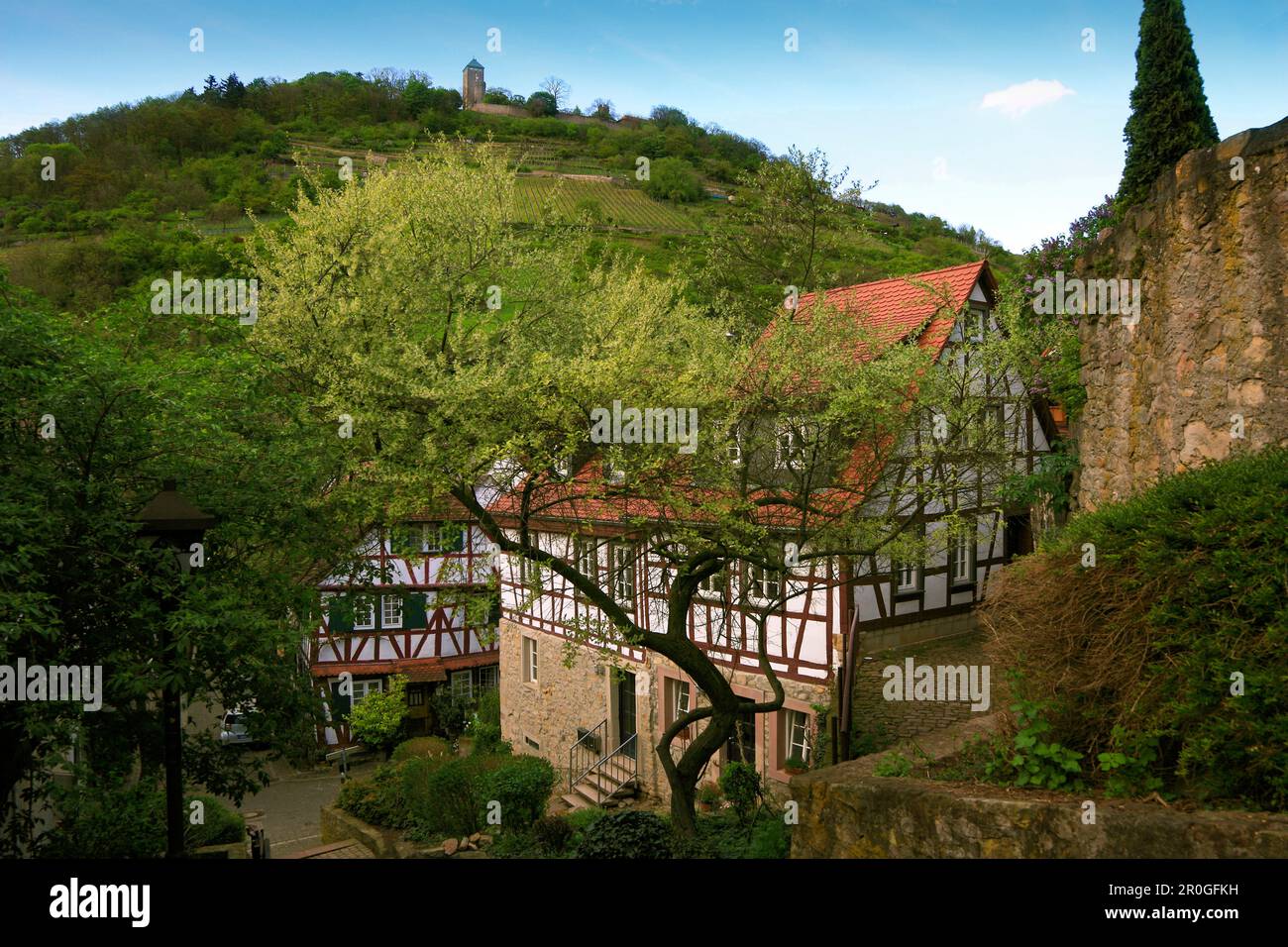 View over a lane with half-timbered houses towards Starkenburg castle ...