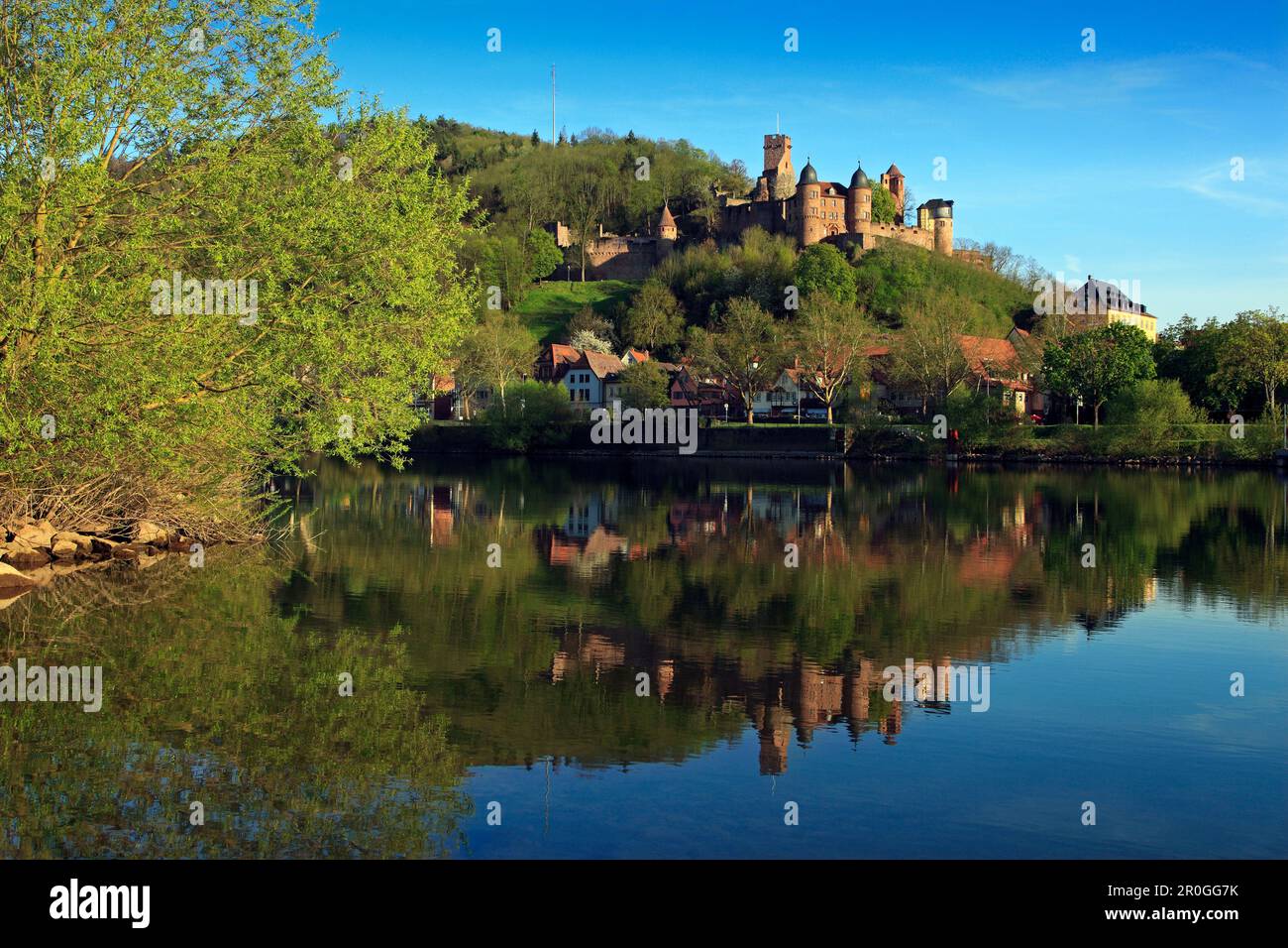 View over the Main river to the castle, Wertheim, Main river, Odenwald ...