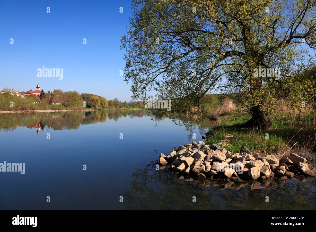 View over Main river to Hafenlohr, Main river, Odenwald, Spessart ...