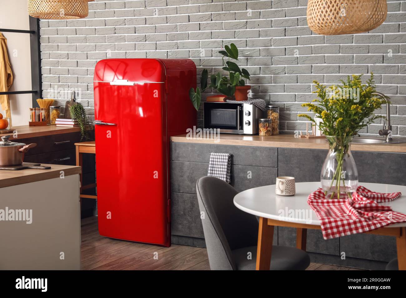 Interior of modern kitchen with stylish refrigerator Stock Photo - Alamy