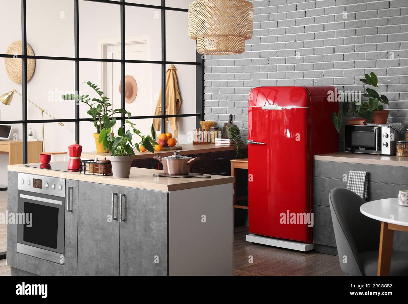 Interior of modern kitchen with stylish refrigerator Stock Photo - Alamy