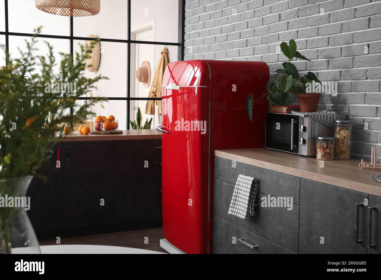 Interior of modern kitchen with stylish refrigerator Stock Photo - Alamy