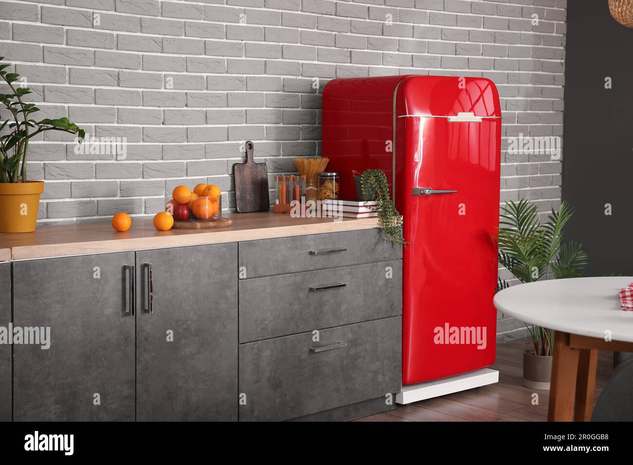 Interior of modern kitchen with stylish refrigerator Stock Photo - Alamy