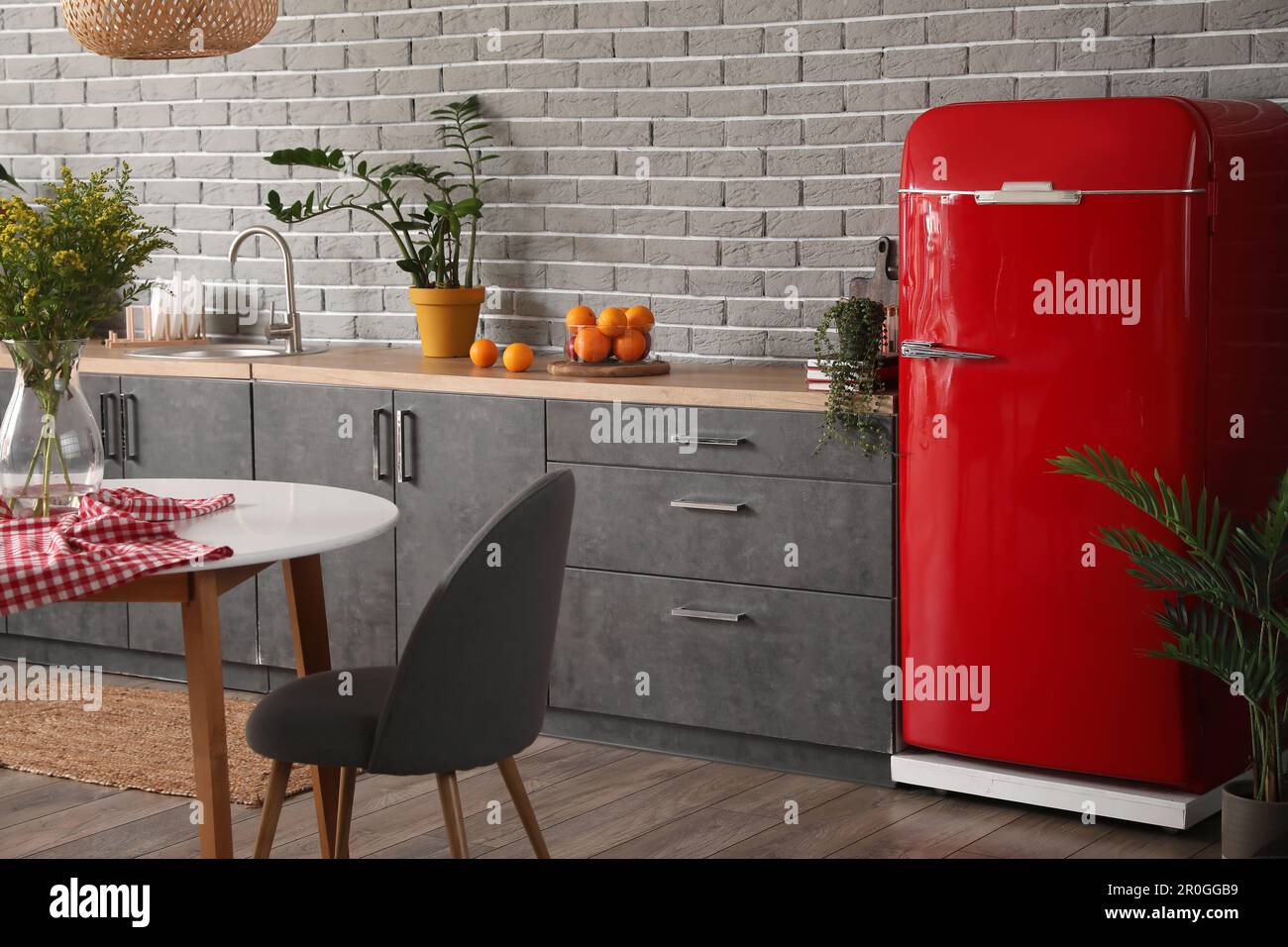 Interior of modern kitchen with stylish refrigerator Stock Photo - Alamy