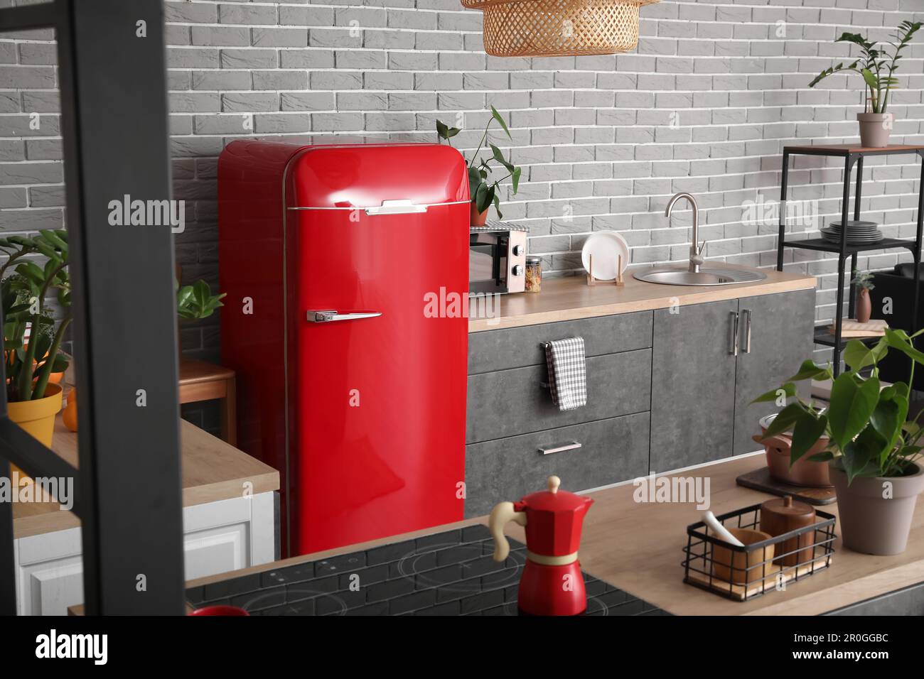 Interior of modern kitchen with stylish refrigerator Stock Photo - Alamy