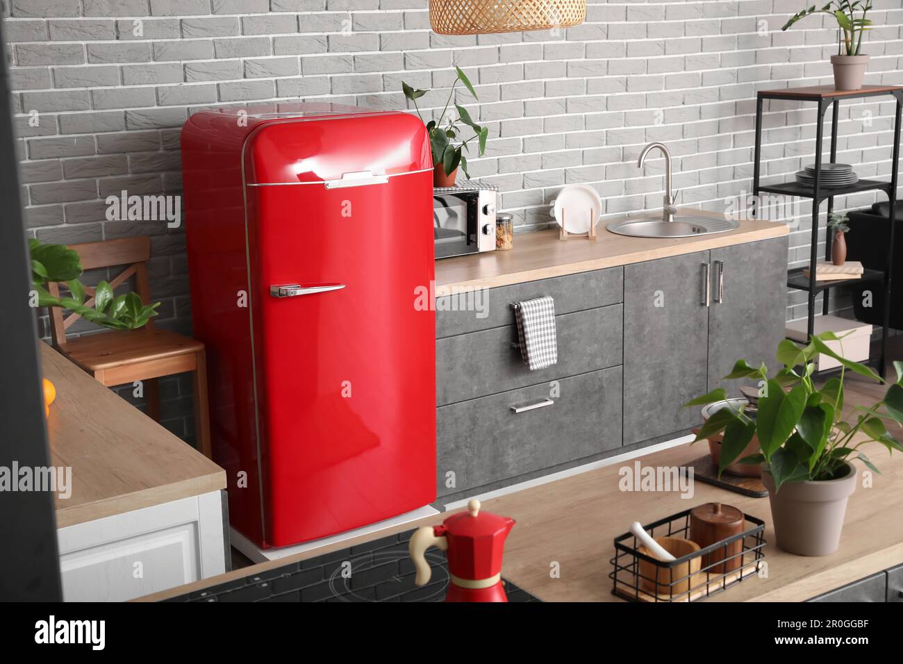 Interior of modern kitchen with stylish refrigerator Stock Photo - Alamy