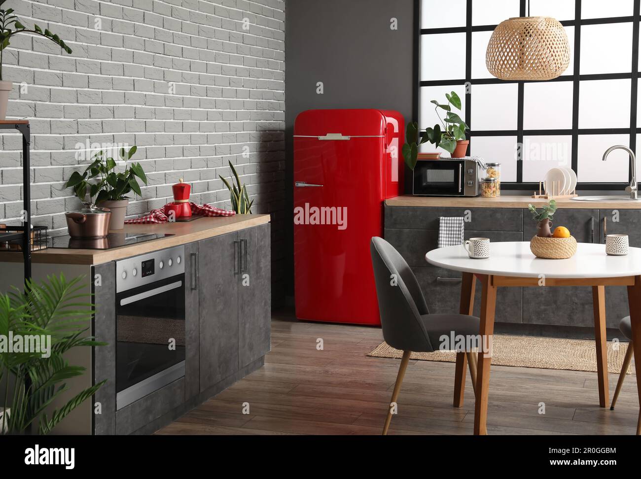 Interior of modern kitchen with stylish refrigerator Stock Photo - Alamy