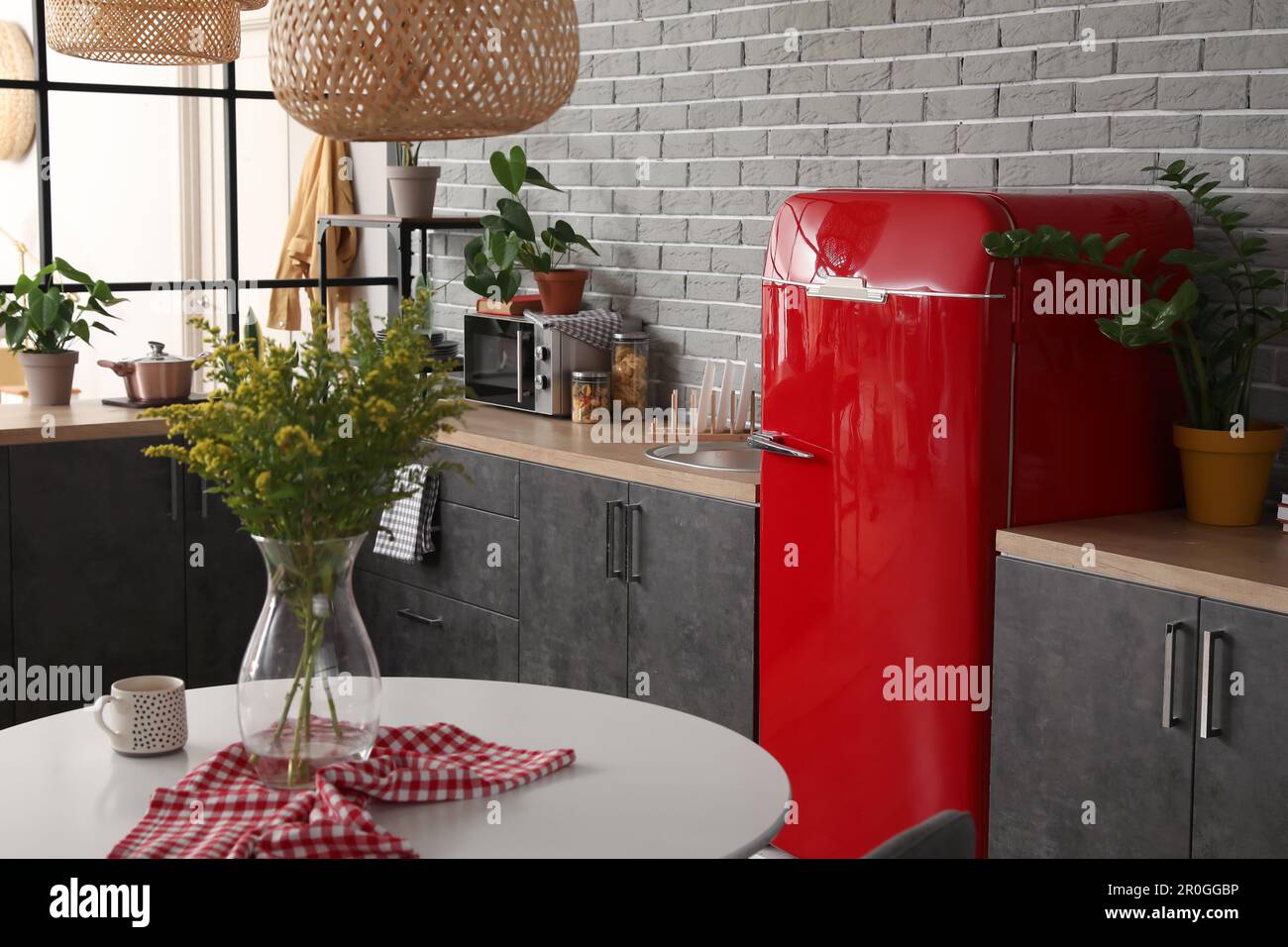 Interior of modern kitchen with stylish refrigerator Stock Photo - Alamy