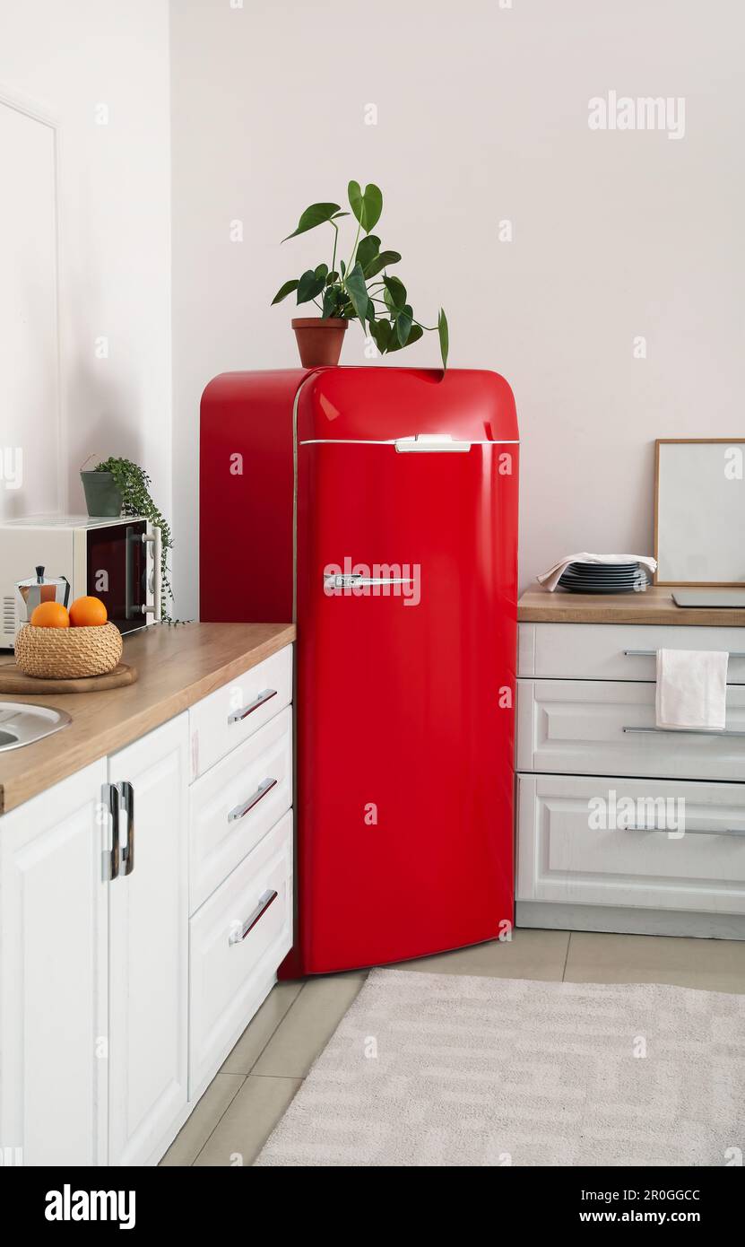 Interior of modern kitchen with stylish refrigerator Stock Photo - Alamy