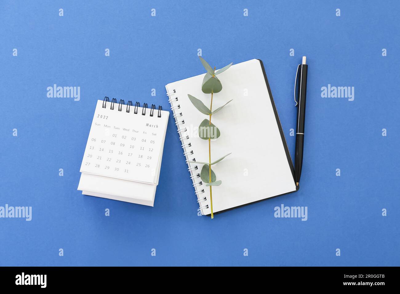 Flip paper calendar for March with notebook and eucalyptus branch on ...