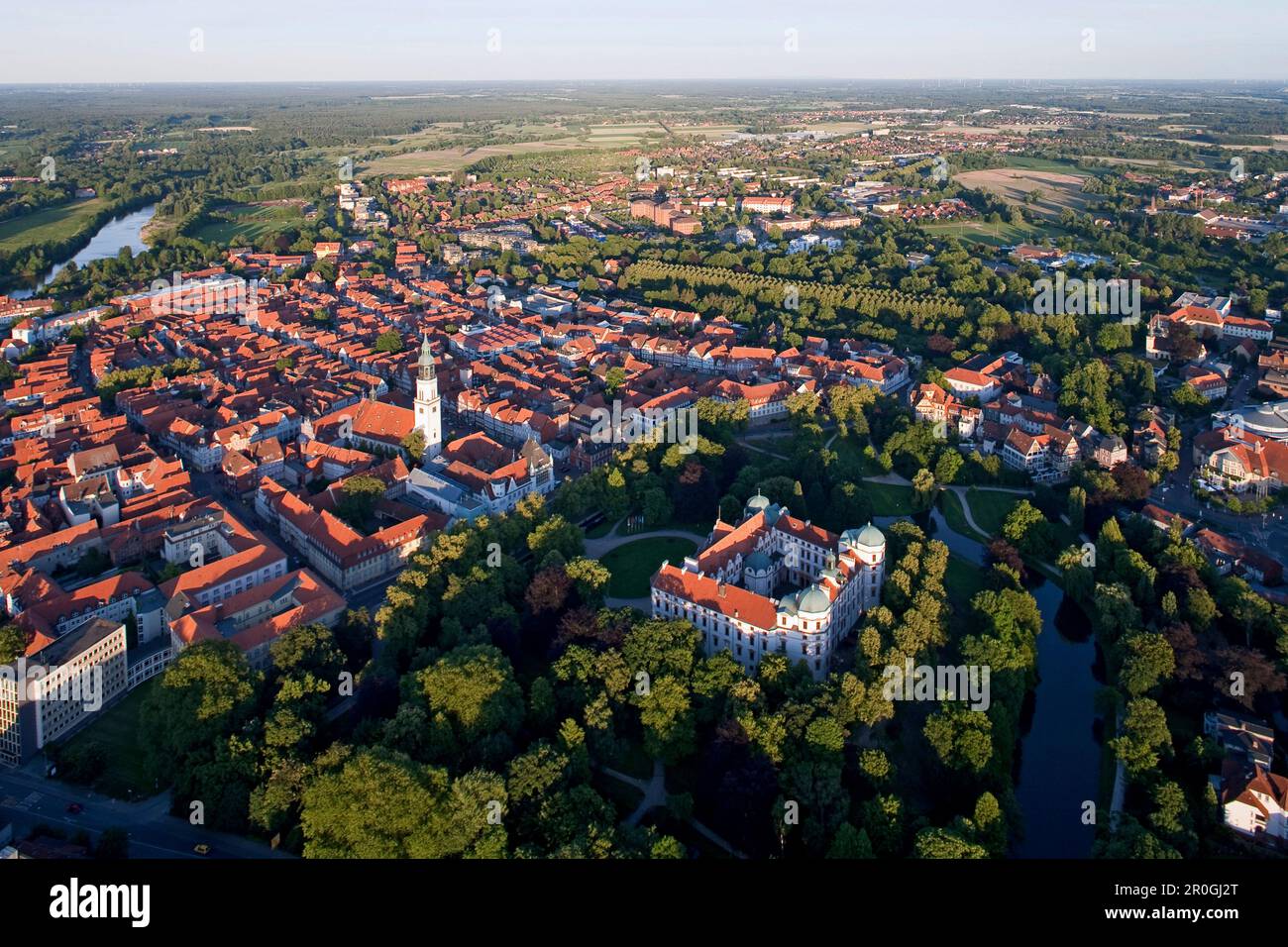 Aerial shot of old town with town church and Celle Castle, Lower Saxony ...