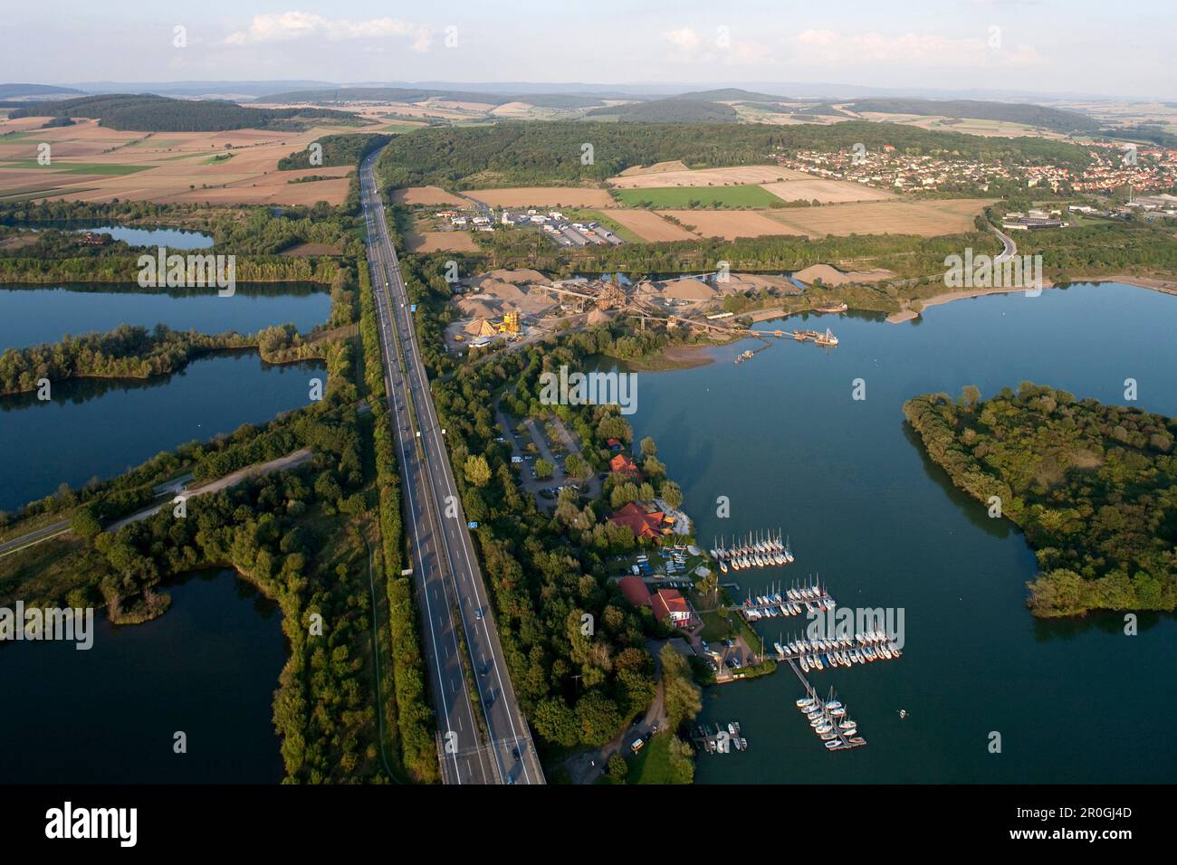 Aerial shot of Autobahn A7 and shingle ponds near Northeim, Lower ...