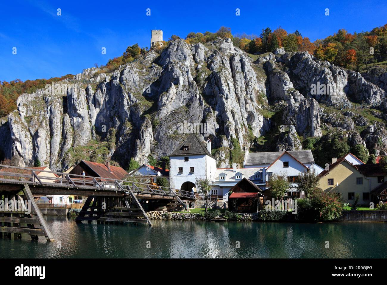 Wooden bridge over river Altmuehl, Randeck castle in background ...