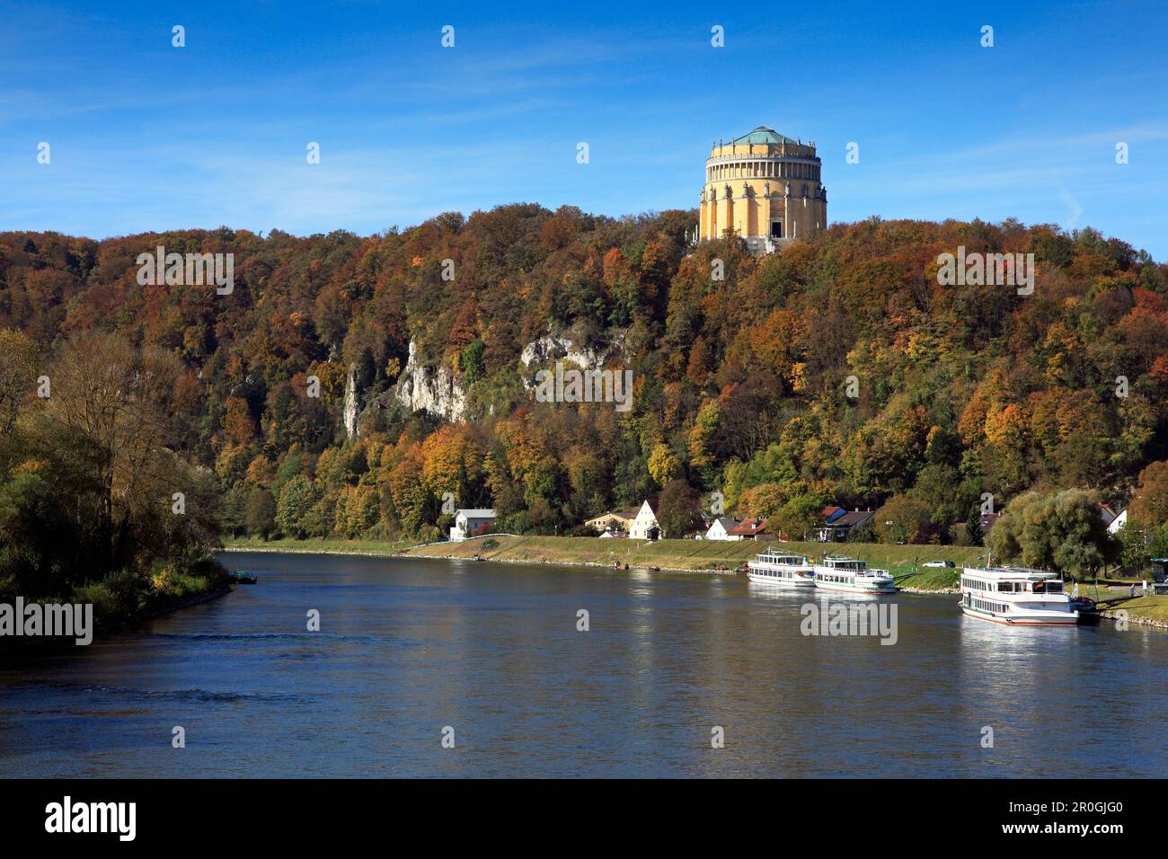 View over Danube river to Hall of Liberation, Kelheim, Bavaria, Germany ...