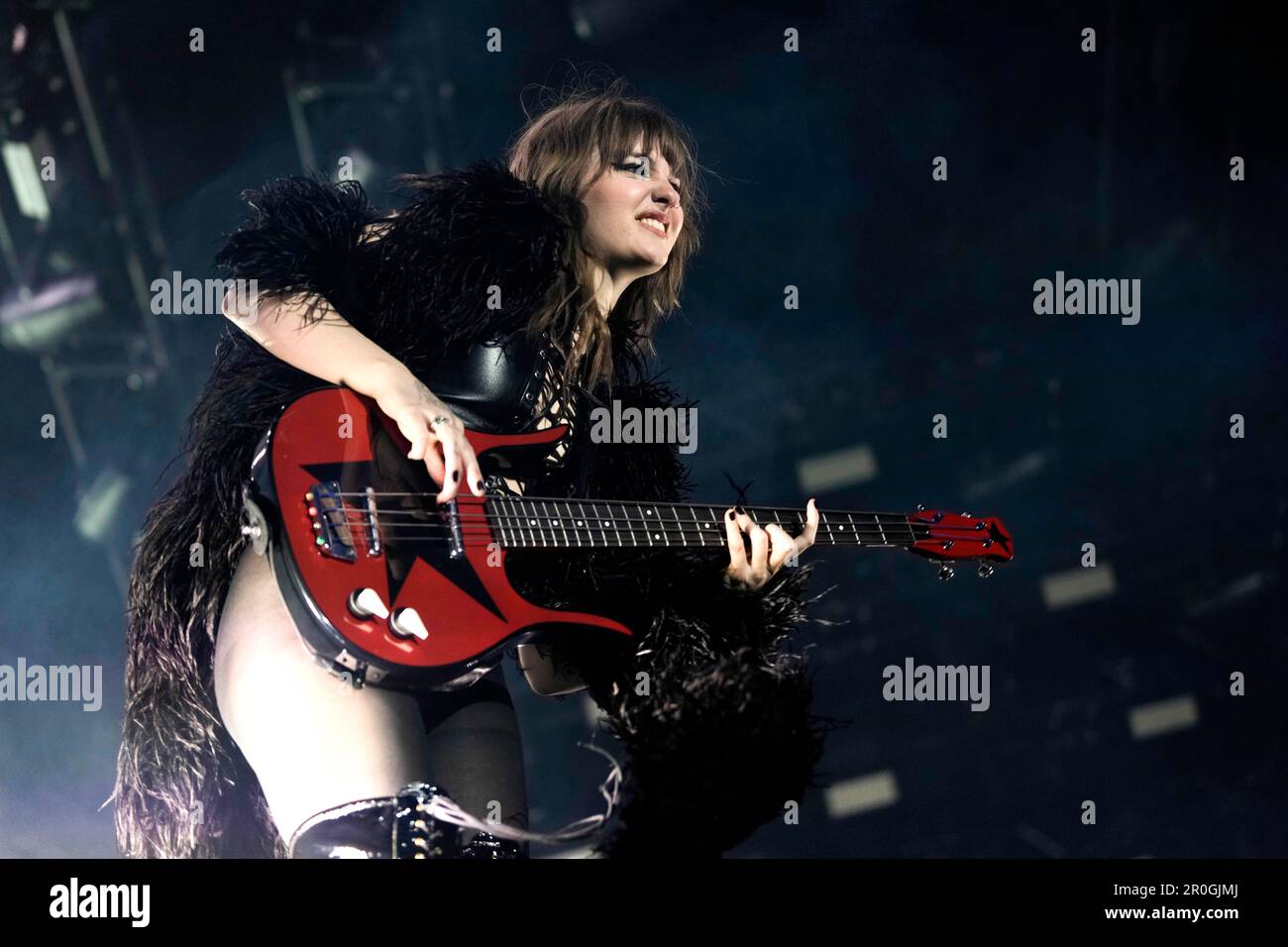 Victoria De Angelis of Maneskin performs on stage at the O2 Arena in ...