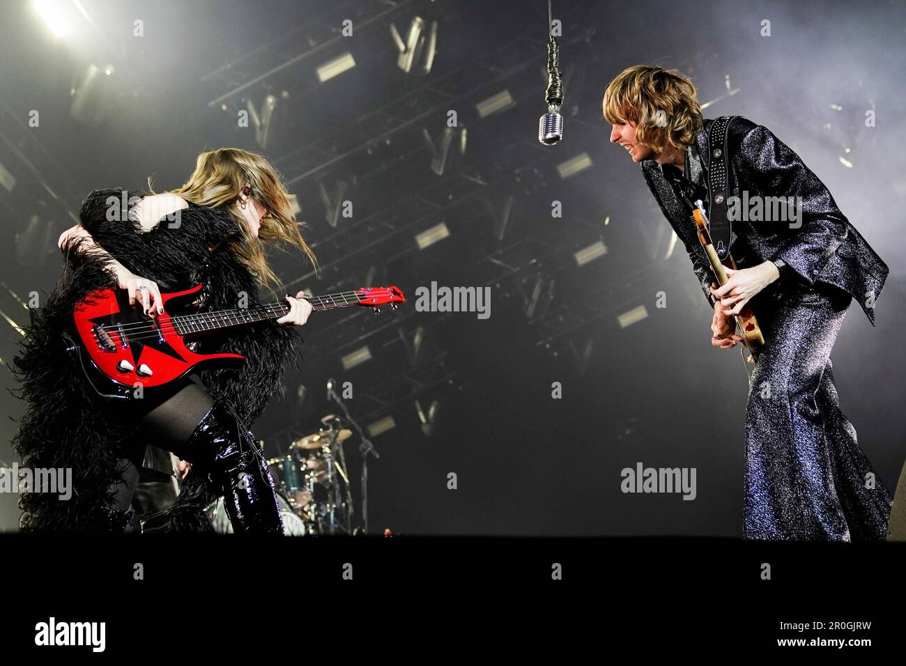 Victoria De Angelis, left, and Thomas Raggi of Maneskin perform on ...