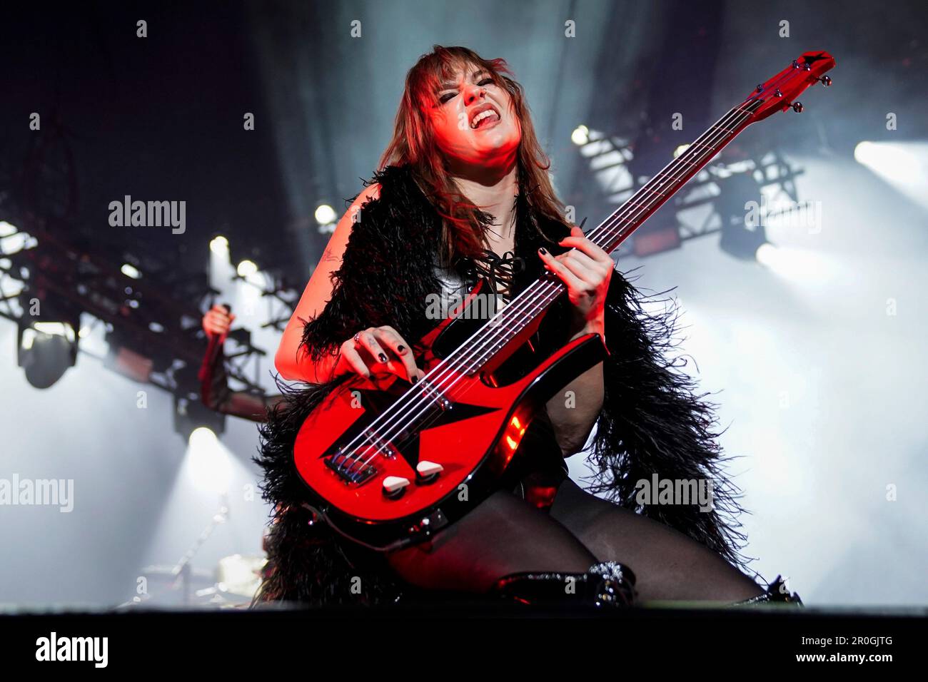 Victoria De Angelis of Maneskin performs on stage at the O2 Arena in ...