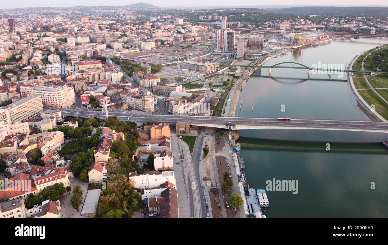 An aerial view of the Belgrade Branko bridge spanning the Sava River in ...