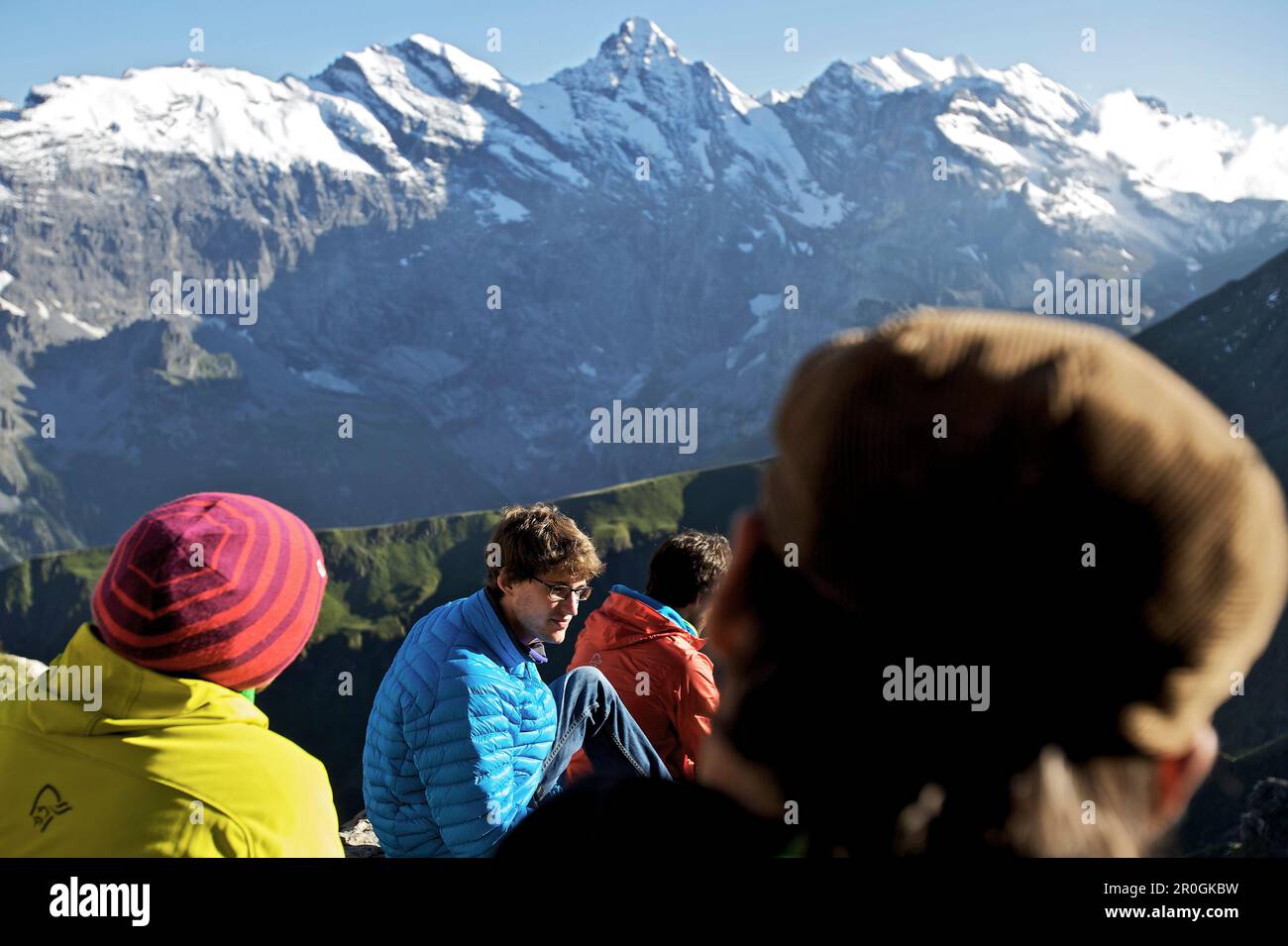 Four people with mountain scenery, Schilthorn, Bernese Oberland, Canton ...