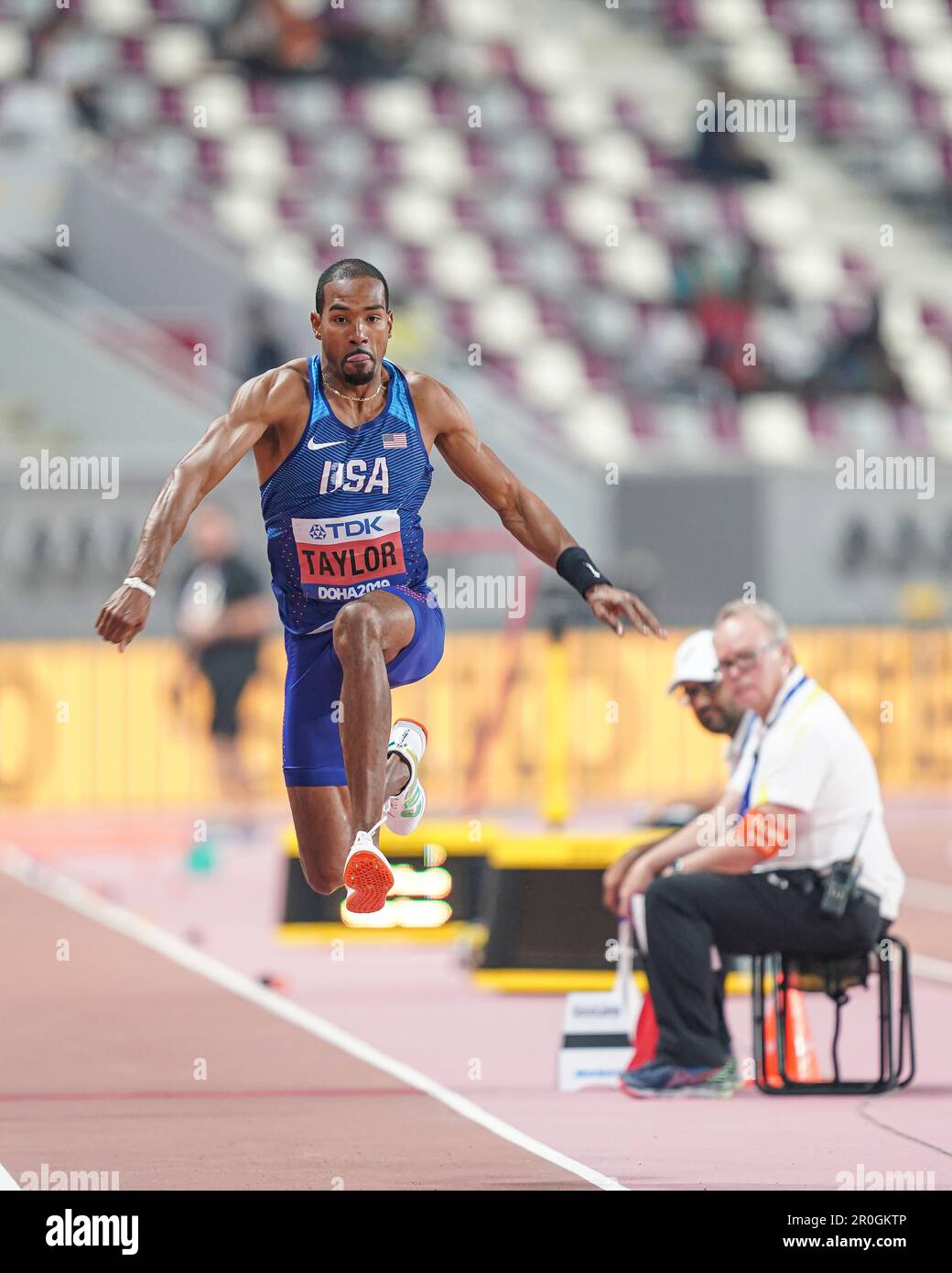 Christian Taylor in the triple jump at the Doha 2019 World Athletics ...