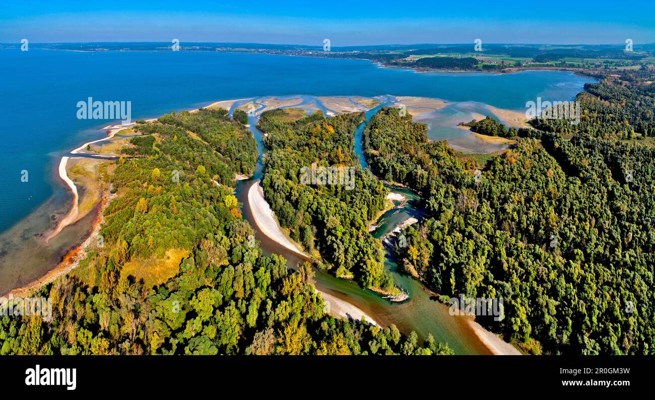 Aerial view of the Tirol Ach river delta in the Chiemsee, Tiroler Achen ...