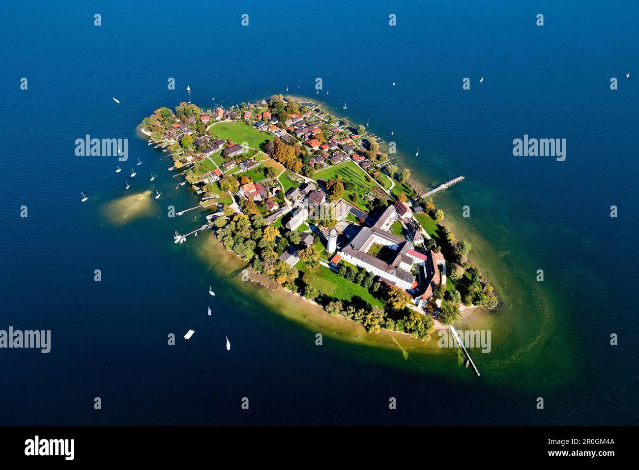 Aerial view of the Frauenchiemsee Abbey, Fraueninsel, Chiemsee ...