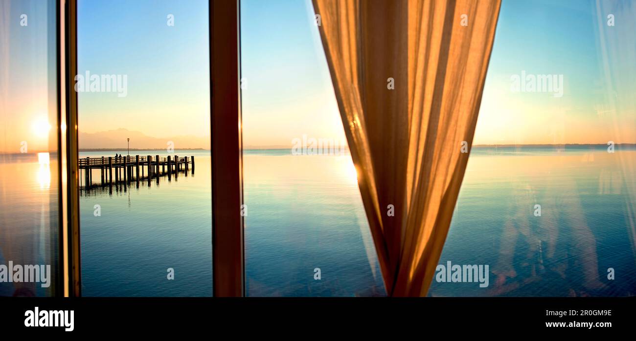 Evening light with a view on the Chiemsee, Chieming, Chiemsee, Chiemgau ...