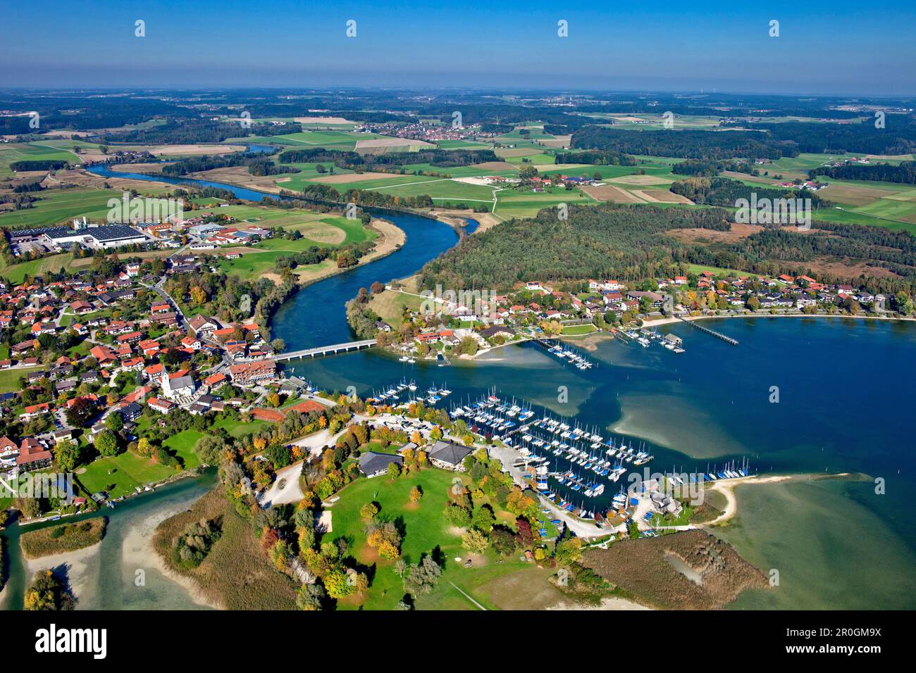 Aerial view of the Seebruck with the Alz river, Seon-Seebruck, Chiemsee ...