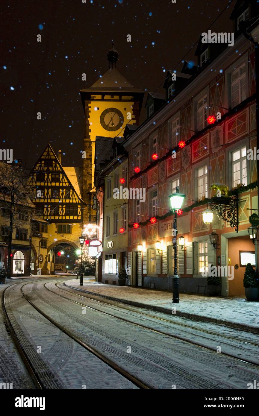 Gate Schwabentor at night, old town, Freiburg im Breisgau, Black Forest ...