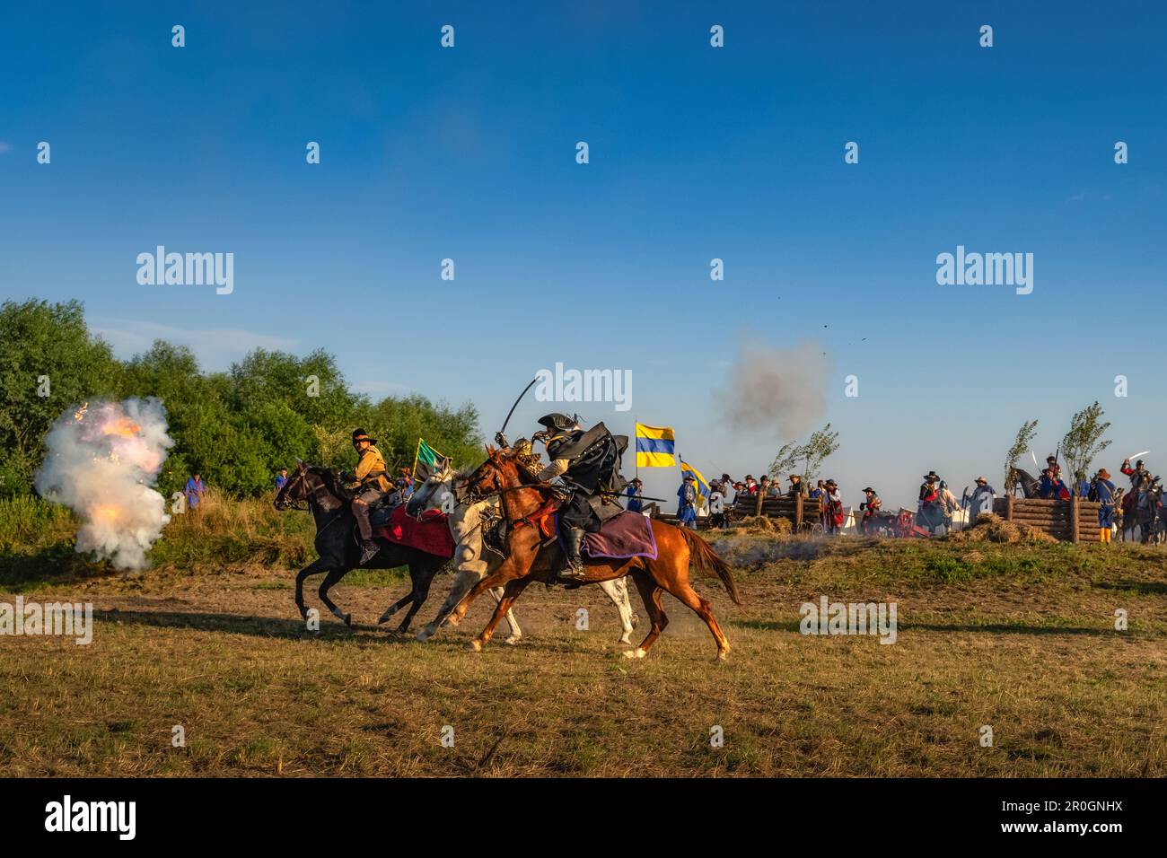 Gniew, Poland, Aug 2020 Polish Hussar chasing Swedish warrior, fighting ...