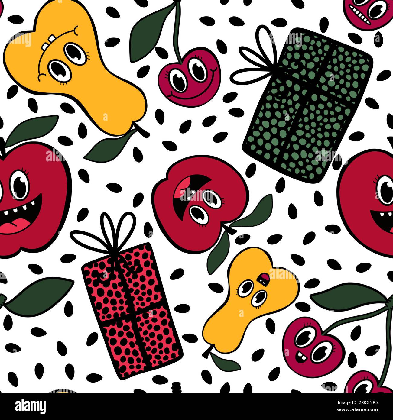 Retro cartoon fruit seamless apples and cherry and pears and gift box ...