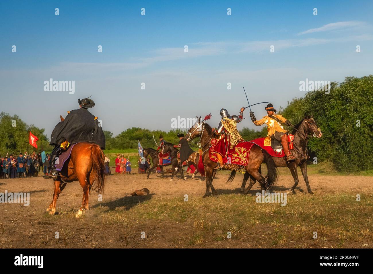 Gniew, Poland, Aug 2020 Hussars, Polish heavy cavalry sword fight on a ...