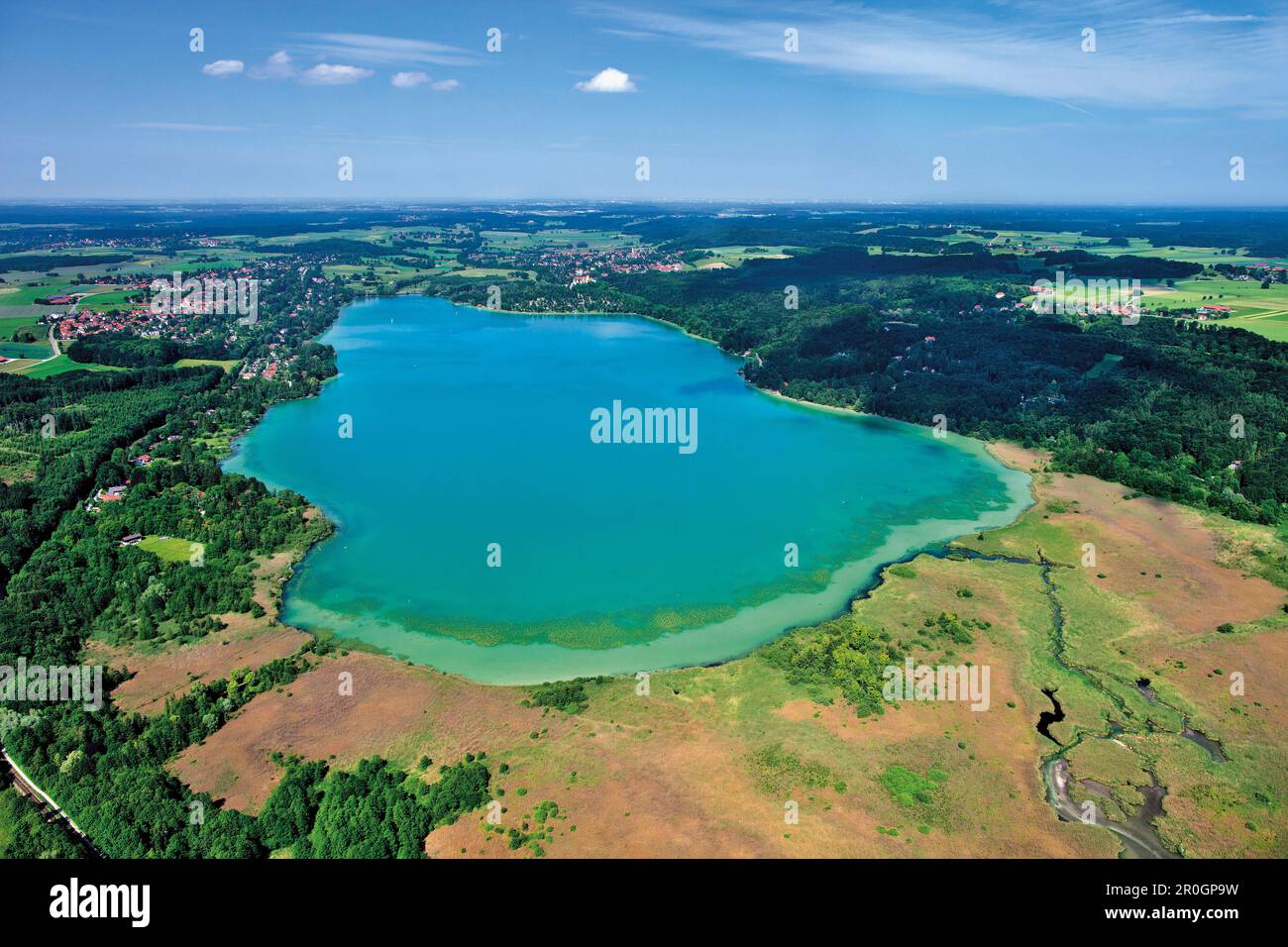 Aerial view of lake Pilsensee in the sunlight, Upper Bavaria, Germany ...