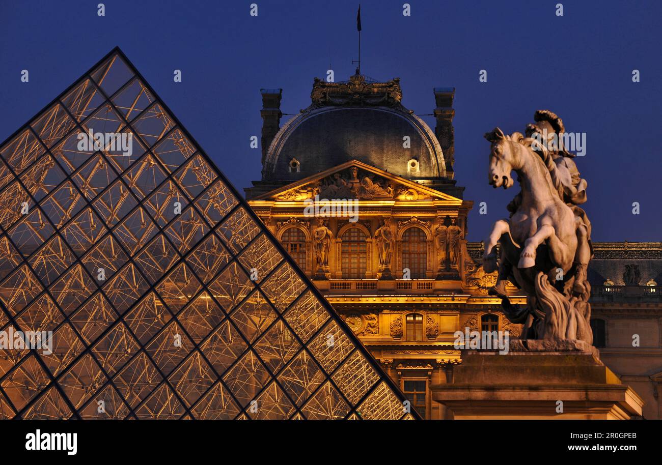 Louvre pyramid and equestrian monument, Musee du Louvre, Paris, France ...
