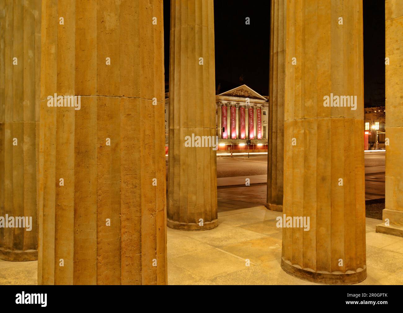 Columns of the Neue Wache and German State Opera at night, Unter den ...